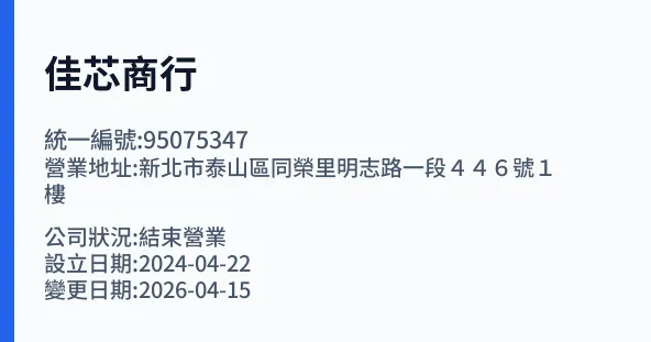 佳芯商行的照片-統編 95075347(新北市) 公司登記資料與營業項目詳細圖表