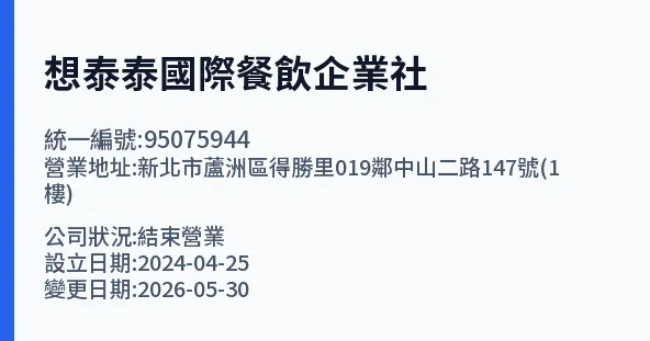 想泰泰國際餐飲企業社的照片-統編 95075944(新北市) 公司登記資料與營業項目詳細圖表