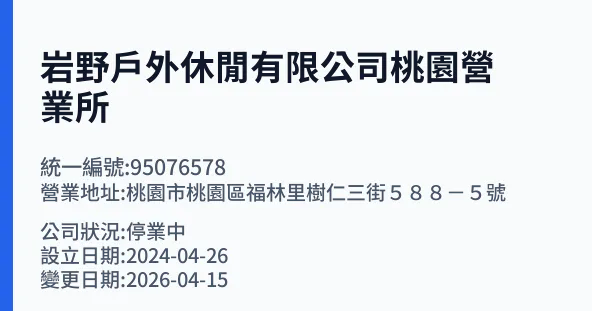 岩野戶外休閒有限公司桃園營業所的照片-統編 95076578(桃園市) 公司登記資料與營業項目詳細圖表