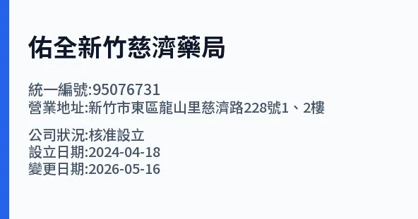 佑全新竹慈濟藥局的照片-統編 95076731(新竹市) 公司登記資料與營業項目詳細圖表