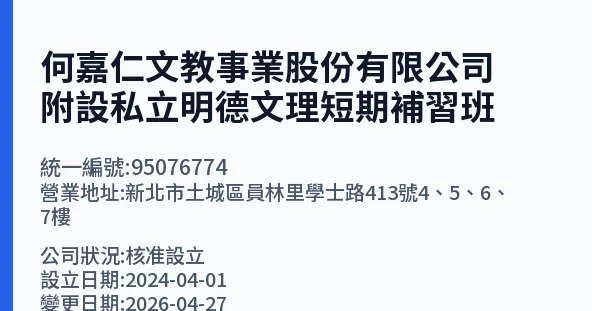 何嘉仁文教事業股份有限公司附設私立明德文理短期補習班的照片-統編 95076774(新北市) 公司登記資料與營業項目詳細圖表