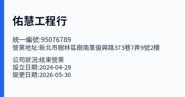 佑慧工程行的照片-統編 95076789(新北市) 公司登記資料與營業項目詳細圖表