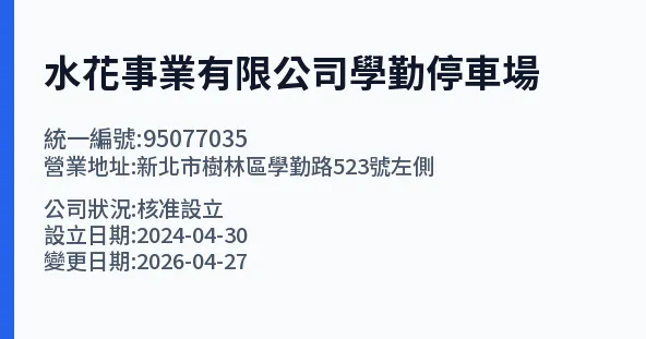 水花事業有限公司學勤停車場的照片-統編 95077035(新北市) 公司登記資料與營業項目詳細圖表