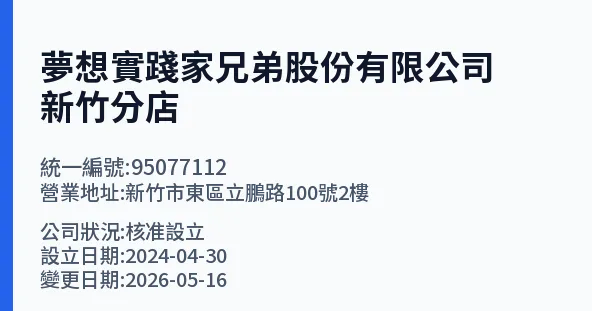 夢想實踐家兄弟股份有限公司新竹分店的照片-統編 95077112(新竹市) 公司登記資料與營業項目詳細圖表