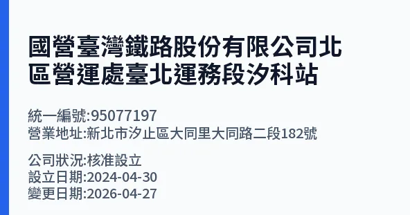 國營臺灣鐵路股份有限公司北區營運處臺北運務段汐科站的照片-統編 95077197(新北市) 公司登記資料與營業項目詳細圖表