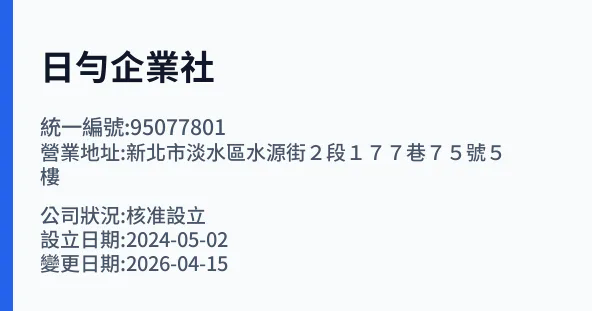 日勻企業社的照片-統編 95077801(新北市) 公司登記資料與營業項目詳細圖表