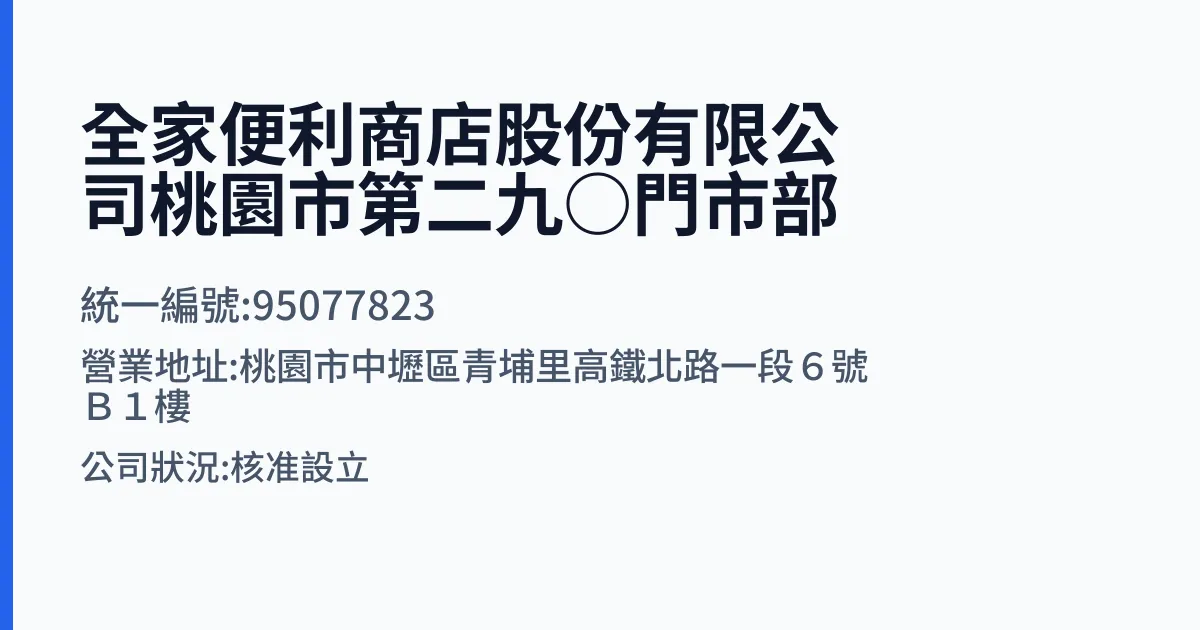 全家便利商店股份有限公司桃園市第二九○門市部 - 統編 95077823（桃園市） 公司登記資料與營業項目詳細圖表