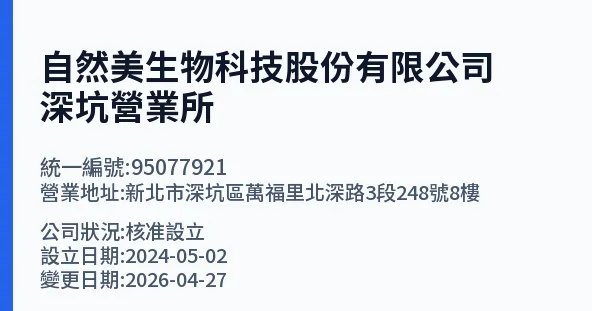 自然美生物科技股份有限公司深坑營業所的照片-統編 95077921(新北市) 公司登記資料與營業項目詳細圖表