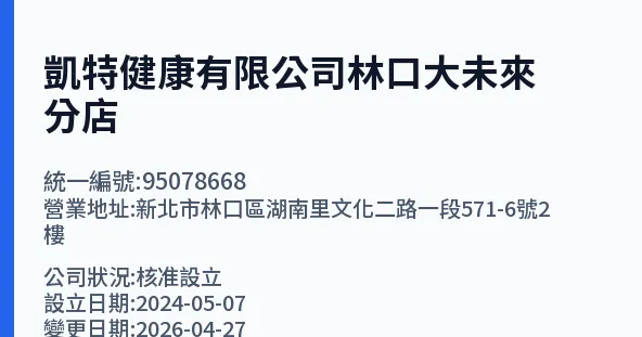 凱特健康有限公司林口大未來分店的照片-統編 95078668(新北市) 公司登記資料與營業項目詳細圖表