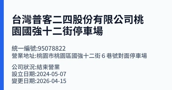 台灣普客二四股份有限公司桃園國強十二街停車場的照片-統編 95078822(桃園市) 公司登記資料與營業項目詳細圖表