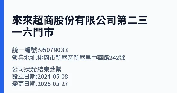 來來超商股份有限公司第二三一六門市的照片-統編 95079033(桃園市) 公司登記資料與營業項目詳細圖表
