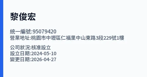 黎俊宏的照片-統編 95079420(桃園市) 公司登記資料與營業項目詳細圖表