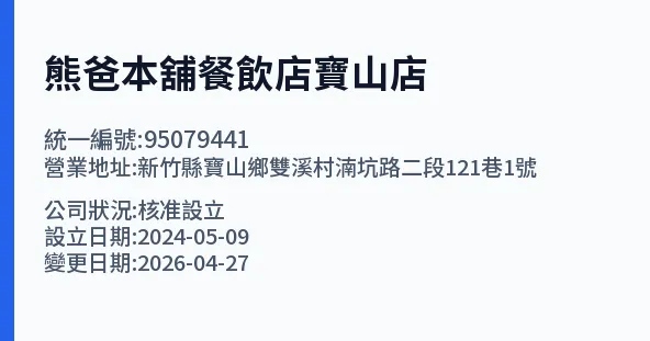 熊爸本舖餐飲店寶山店的照片-統編 95079441(新竹縣) 公司登記資料與營業項目詳細圖表