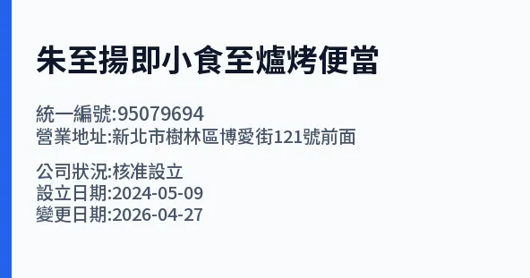 朱至揚即小食至爐烤便當的照片-統編 95079694(新北市) 公司登記資料與營業項目詳細圖表