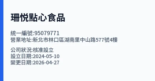 珊悦點心食品的照片-統編 95079771(新北市) 公司登記資料與營業項目詳細圖表