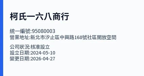 柯氏一六八商行的照片-統編 95080003(新北市) 公司登記資料與營業項目詳細圖表