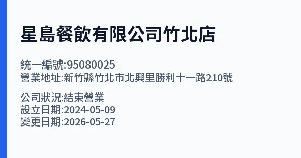 星島餐飲有限公司竹北店的照片-統編 95080025(新竹縣) 公司登記資料與營業項目詳細圖表