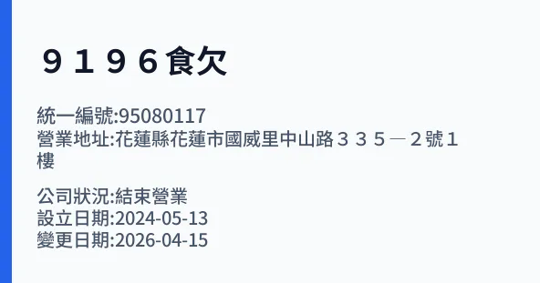 ９１９６食欠的照片-統編 95080117(花蓮縣) 公司登記資料與營業項目詳細圖表
