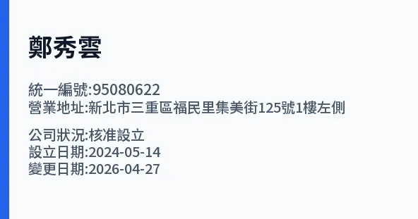 鄭秀雲的照片-統編 95080622(新北市) 公司登記資料與營業項目詳細圖表