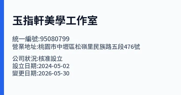 玉指軒美學工作室的照片-統編 95080799(桃園市) 公司登記資料與營業項目詳細圖表