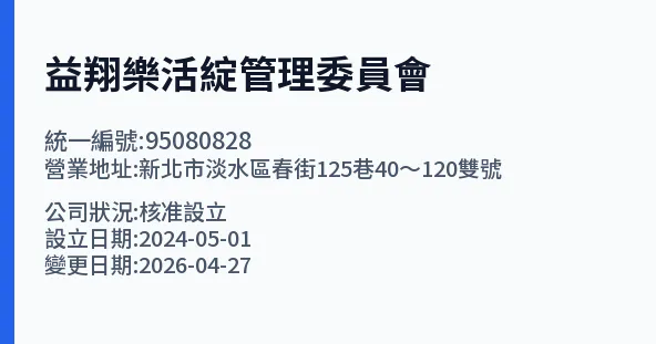益翔樂活綻管理委員會的照片-統編 95080828(新北市) 公司登記資料與營業項目詳細圖表