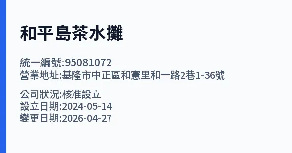 和平島茶水攤的照片-統編 95081072(基隆市) 公司登記資料與營業項目詳細圖表