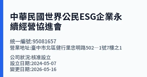 中華民國世界公民ESG企業永續經營協進會的照片-統編 95081657(臺中市) 公司登記資料與營業項目詳細圖表