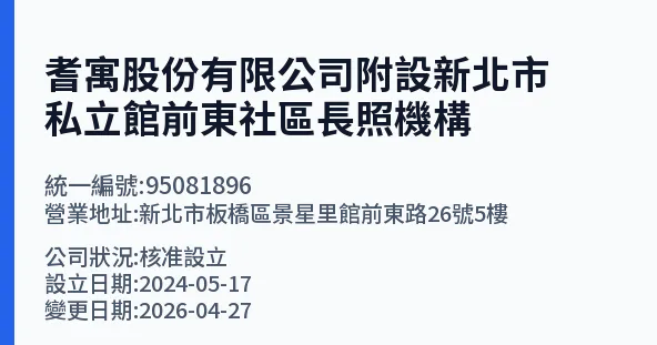 耆寓股份有限公司附設新北市私立館前東社區長照機構的照片-統編 95081896(新北市) 公司登記資料與營業項目詳細圖表