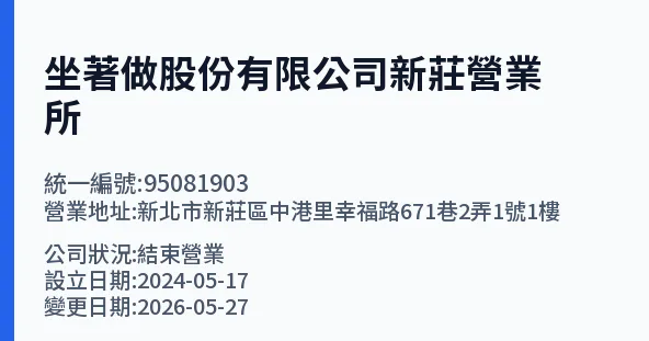 坐著做股份有限公司新莊營業所的照片-統編 95081903(新北市) 公司登記資料與營業項目詳細圖表