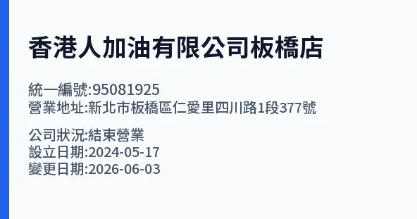 香港人加油有限公司板橋店的照片-統編 95081925(新北市) 公司登記資料與營業項目詳細圖表