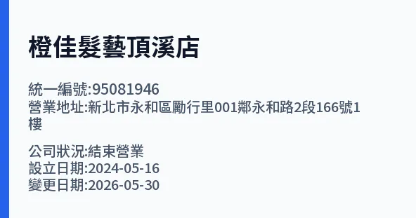 橙佳髮藝頂溪店的照片-統編 95081946(新北市) 公司登記資料與營業項目詳細圖表