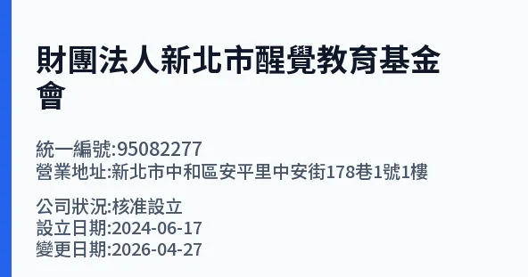 財團法人新北市醒覺教育基金會的照片-統編 95082277(新北市) 公司登記資料與營業項目詳細圖表