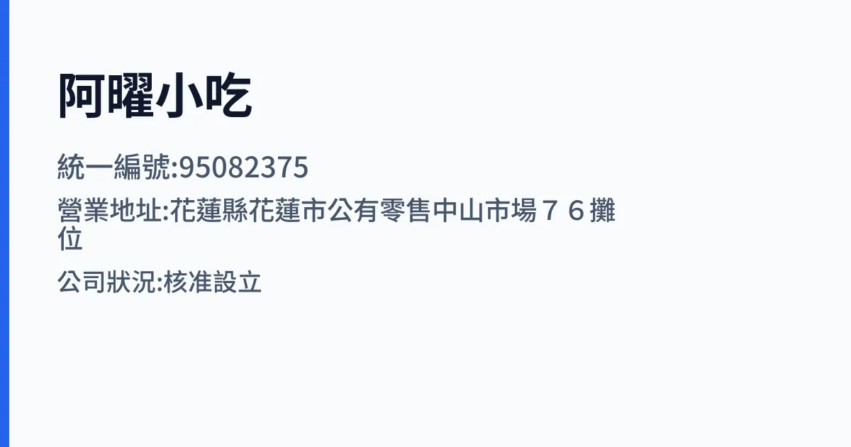 阿曜小吃 - 統編 95082375(花蓮縣) 公司登記資料與營業項目詳細圖表