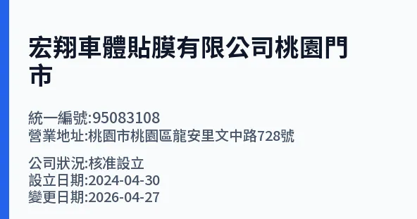 宏翔車體貼膜有限公司桃園門市的照片-統編 95083108(桃園市) 公司登記資料與營業項目詳細圖表
