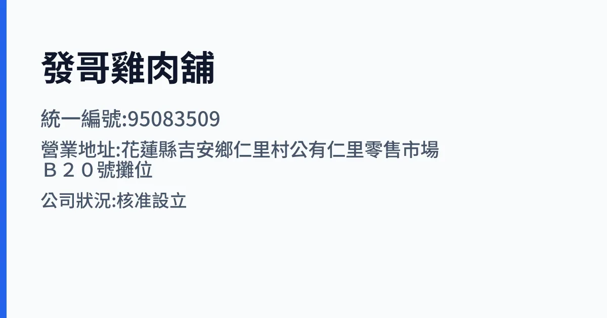 發哥雞肉舖 - 統編 95083509(花蓮縣) 公司登記資料與營業項目詳細圖表