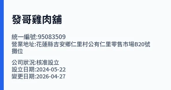 發哥雞肉舖的照片-統編 95083509(花蓮縣) 公司登記資料與營業項目詳細圖表