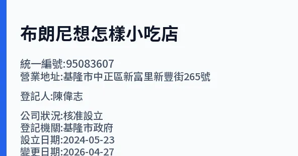 布朗尼想怎樣小吃店的照片-統編 95083607(基隆市) 公司登記資料與營業項目詳細圖表
