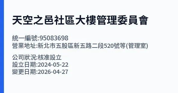 天空之邑社區大樓管理委員會的照片-統編 95083698(新北市) 公司登記資料與營業項目詳細圖表