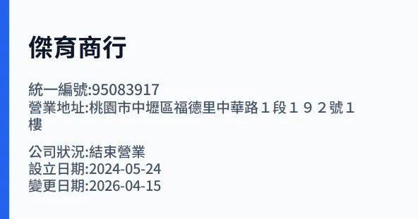 傑育商行的照片-統編 95083917(桃園市) 公司登記資料與營業項目詳細圖表
