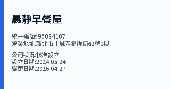 晨靜早餐屋的照片-統編 95084107(新北市) 公司登記資料與營業項目詳細圖表