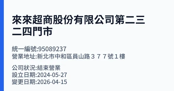 來來超商股份有限公司第二三二四門市的照片-統編 95089237(新北市) 公司登記資料與營業項目詳細圖表