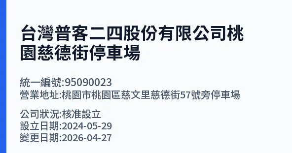 台灣普客二四股份有限公司桃園慈德街停車場的照片-統編 95090023(桃園市) 公司登記資料與營業項目詳細圖表