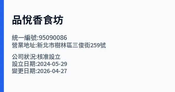 品悅香食坊的照片-統編 95090086(新北市) 公司登記資料與營業項目詳細圖表