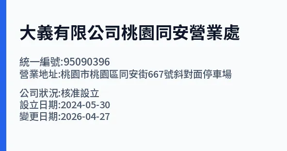 大義有限公司桃園同安營業處的照片-統編 95090396(桃園市) 公司登記資料與營業項目詳細圖表