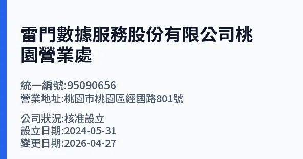 雷門數據服務股份有限公司桃園營業處的照片-統編 95090656(桃園市) 公司登記資料與營業項目詳細圖表