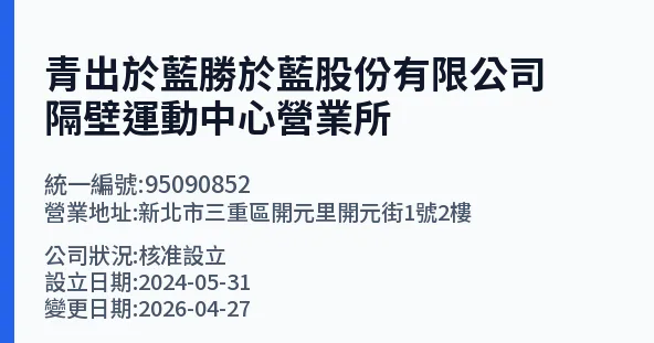 青出於藍勝於藍股份有限公司隔壁運動中心營業所的照片-統編 95090852(新北市) 公司登記資料與營業項目詳細圖表
