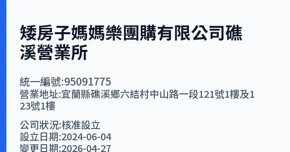 矮房子媽媽樂團購有限公司礁溪營業所的照片-統編 95091775(宜蘭縣) 公司登記資料與營業項目詳細圖表