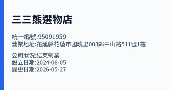 三三熊選物店的照片-統編 95091959(花蓮縣) 公司登記資料與營業項目詳細圖表