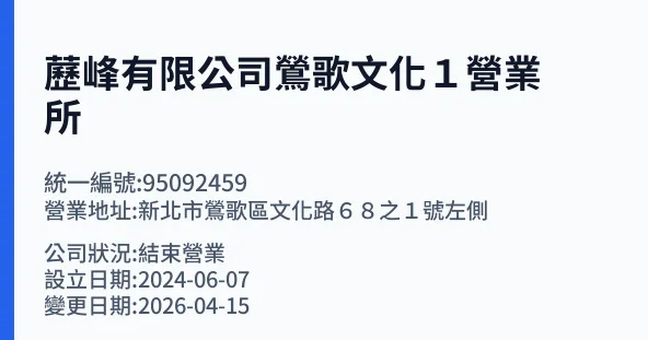 藶峰有限公司鶯歌文化１營業所的照片-統編 95092459(新北市) 公司登記資料與營業項目詳細圖表