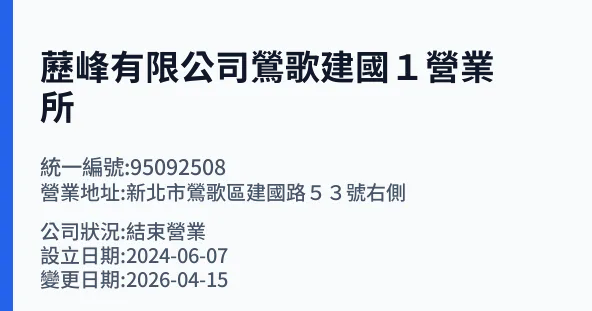 藶峰有限公司鶯歌建國１營業所的照片-統編 95092508(新北市) 公司登記資料與營業項目詳細圖表